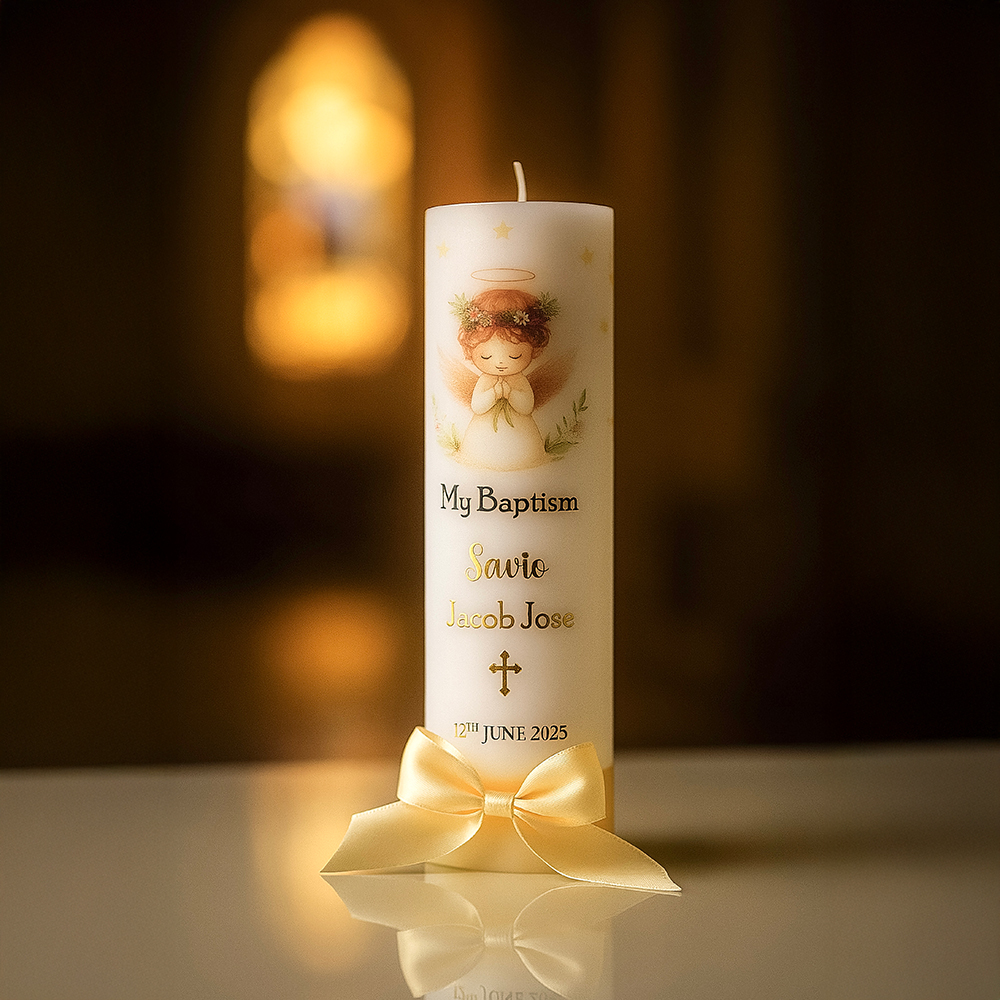 Baptism candle with angel illustration and name - Navin Creations ...